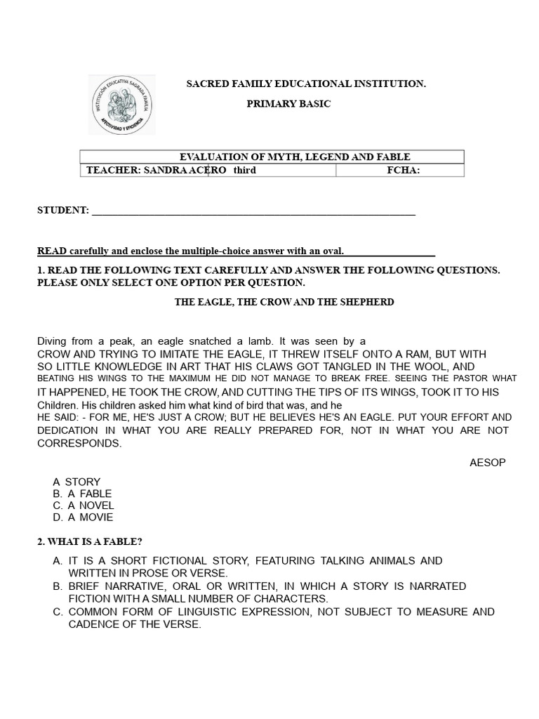 Evaluation Spanish Grade 3 | PDF | Legends | Fable