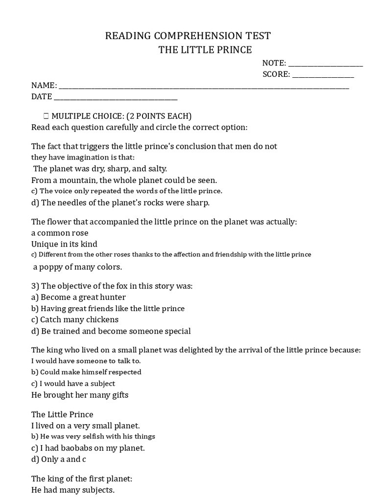 Little Prince Reading Comprehension Test | PDF | The Little Prince