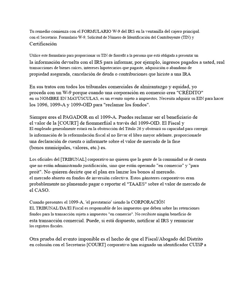 Su Remedio Comienza Con El FORMULARIO W-9 Del IRS para El Tribunal. | PDF | Bancos | Impuestos