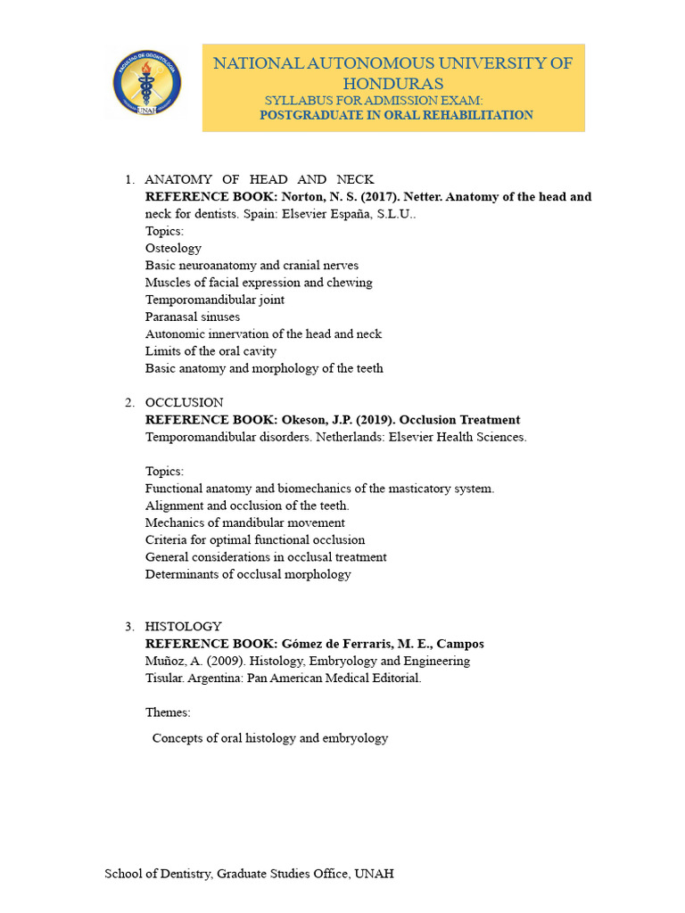 UNAH Postgraduate Oral Rehabilitation Syllabus | PDF | Dentistry ...
