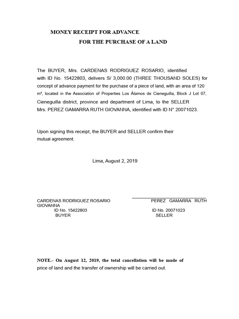 Money Receipt For Advance Payment | PDF