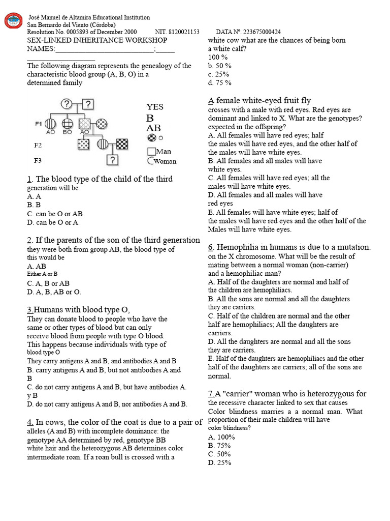 Sex Linked Inheritance Workshop Pdf Dominance Genetics Genotype