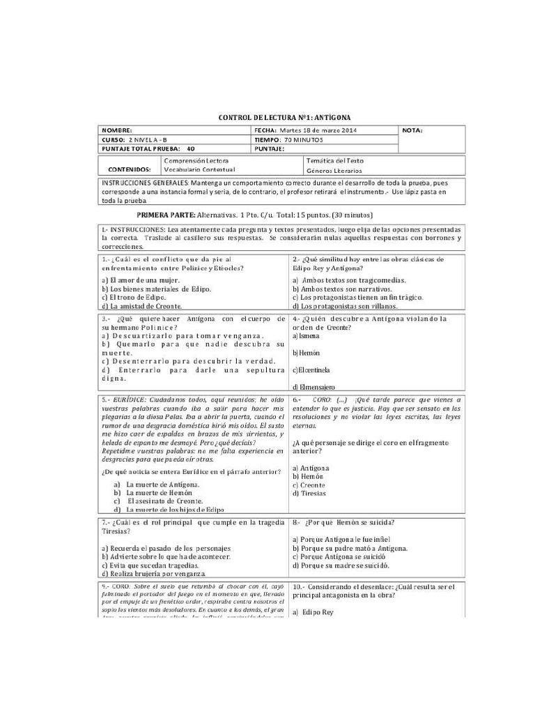 Antigone Test | PDF | Oedipus | Boeotian Mythology