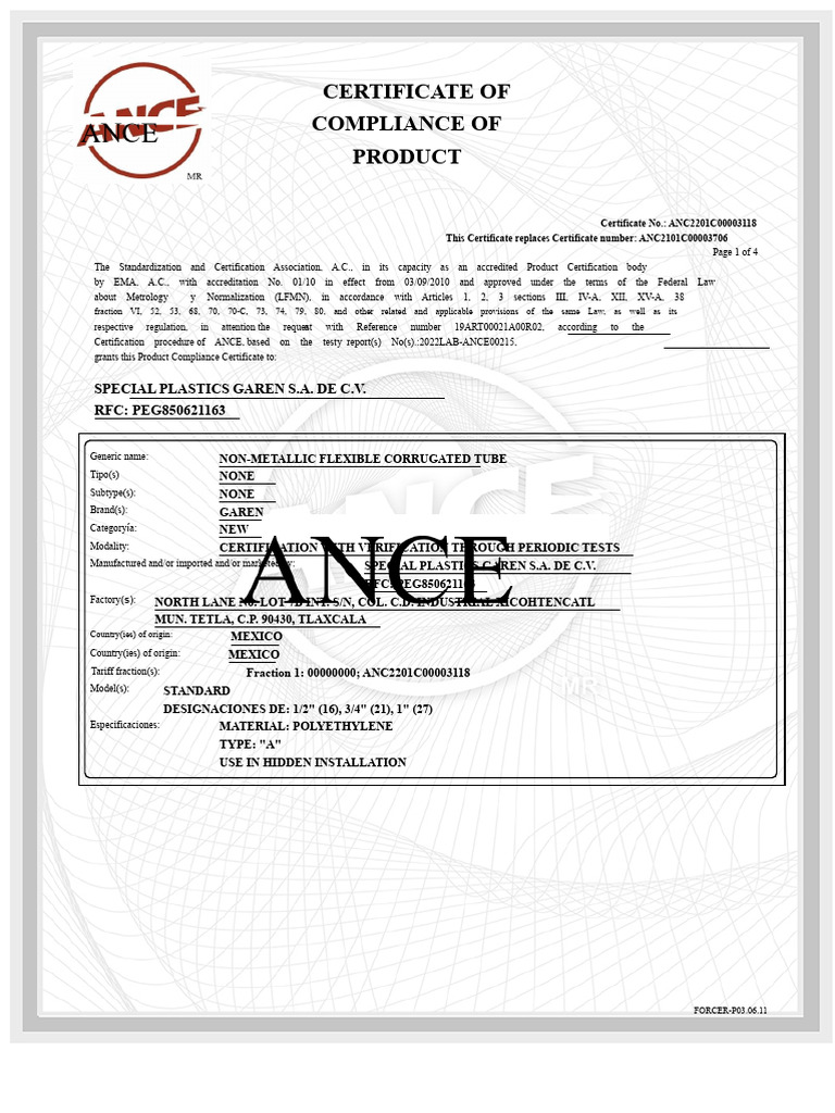 Certificate ANC2201C00003118 | PDF | Certification | Regulation