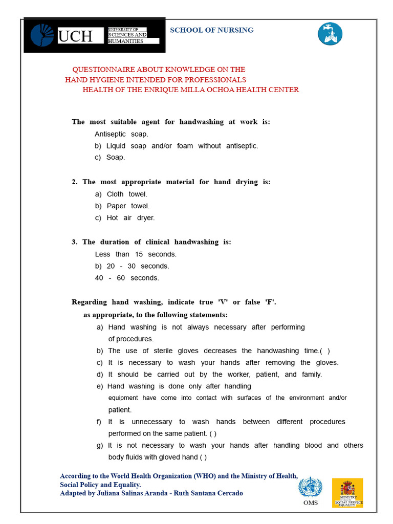 Hand Hygiene Knowledge Questionnaire for Nurses | PDF | Hand Washing ...