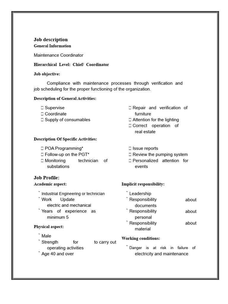 Job Description Maintenance - DeO | PDF
