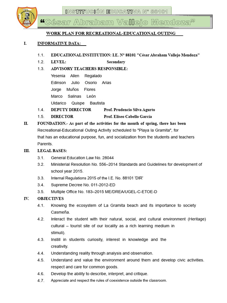 Work Plan For Recreational Outing | PDF | Learning