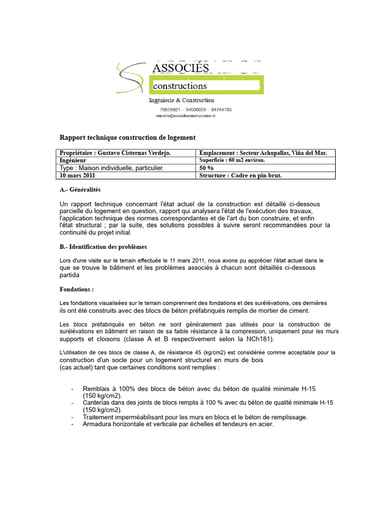 Rapport technique sur construction de logement | PDF | Béton ...