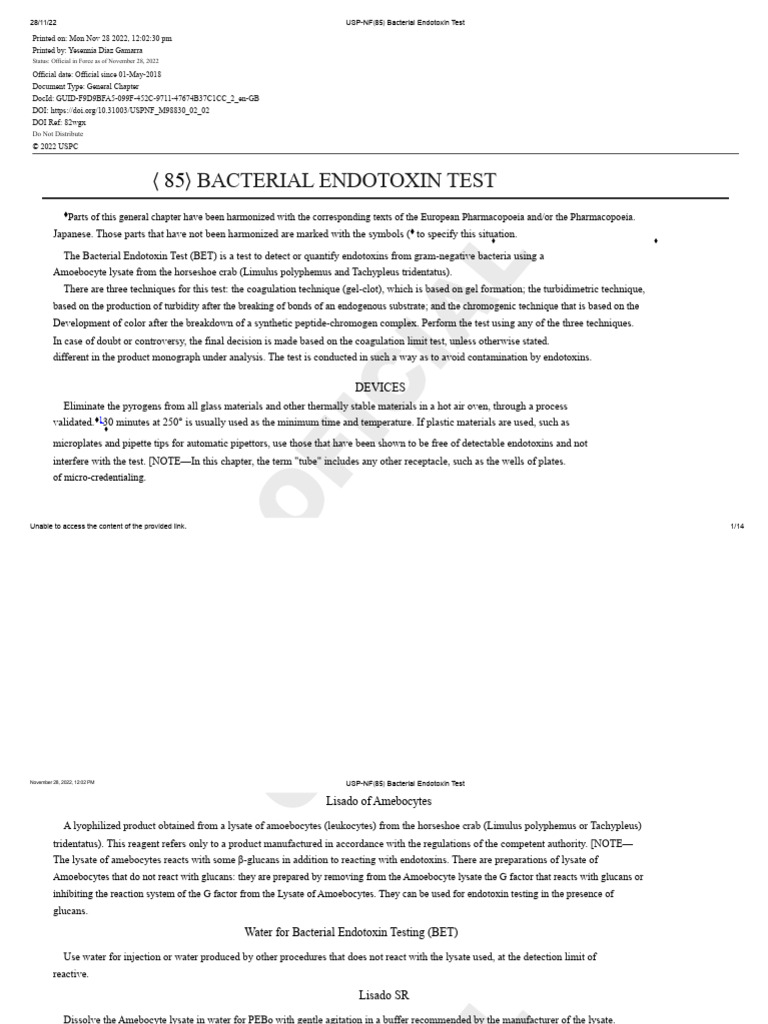 USP-NF 85 Bacterial Endotoxin Test | PDF | Lipopolysaccharide | Ph