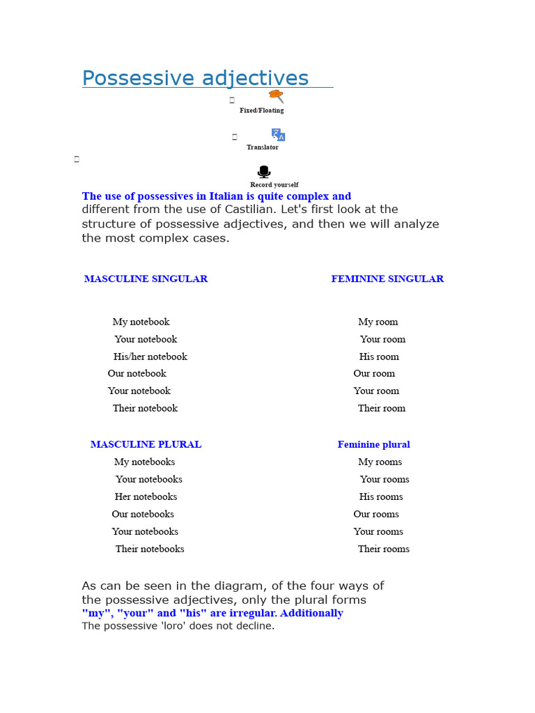 Possessive Adjectives in Italian | PDF | Grammatical Gender | Plural