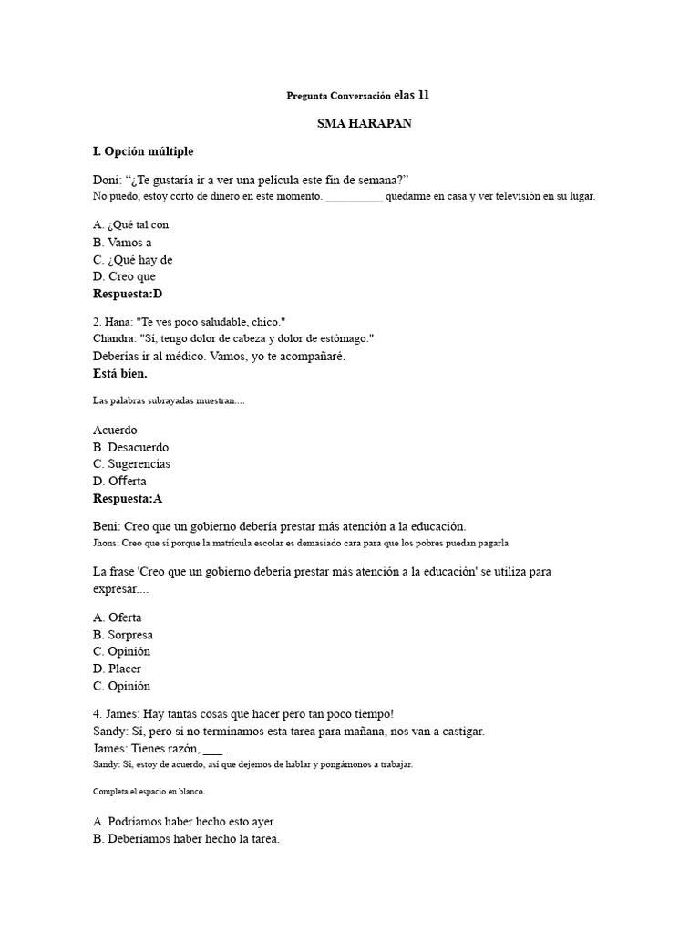 Pregunta Conversación Clase 11 Sma Harapan | PDF
