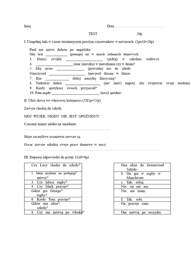 0 Test Present Simple Clasa A5a | PDF