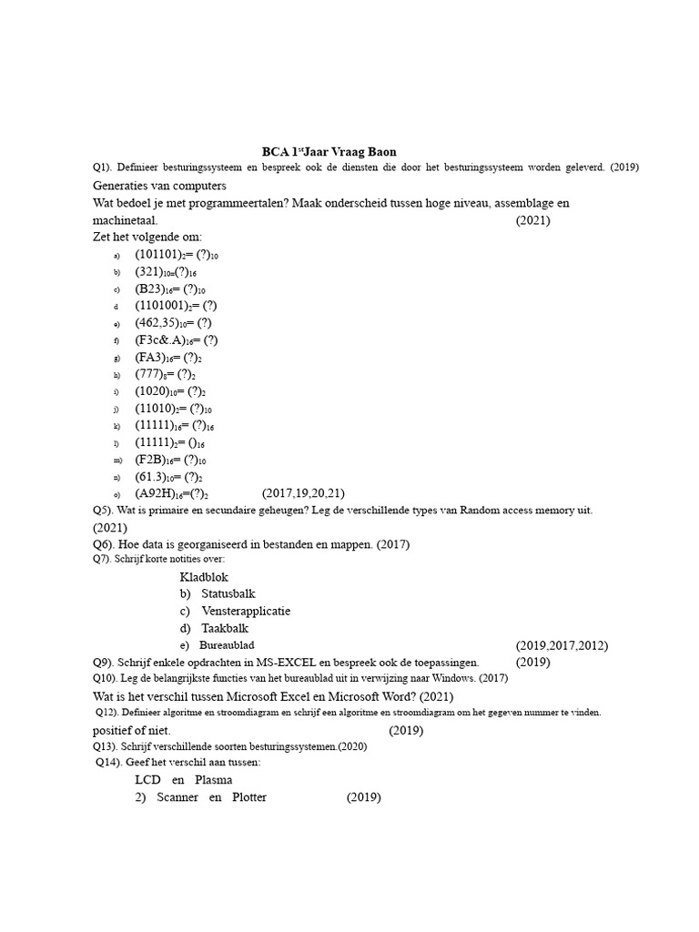 BCA 1 Jaar Vraag Bank | PDF