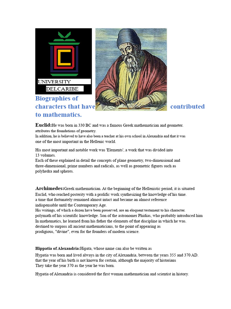 Biographies of Figures Who Have Contributed To Mathematics. | PDF ...