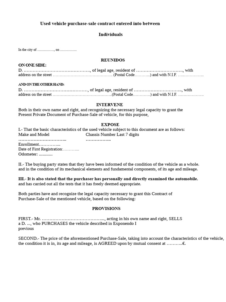 Private Vehicle Purchase and Sale Contract | PDF | Sales | Private Law