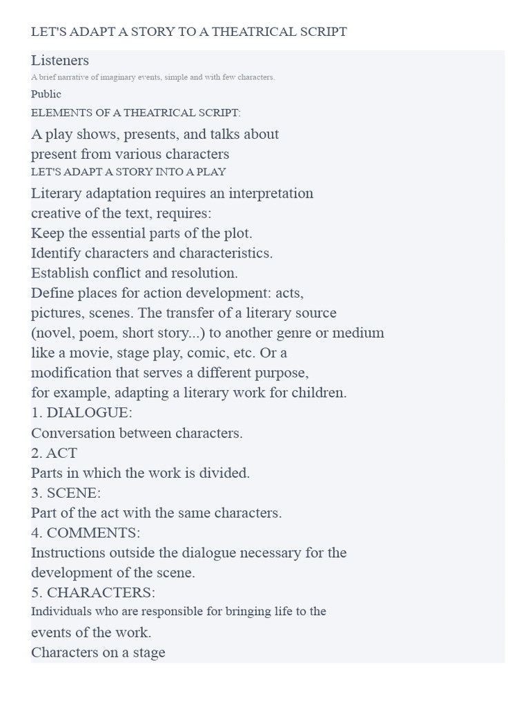 Let's Adapt A Story Into A Theatrical Script | PDF