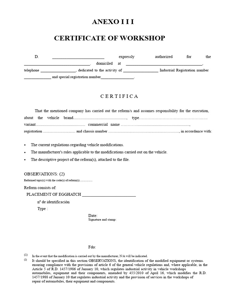 Vehicle Modification Workshop Certificate | PDF | Vehicles