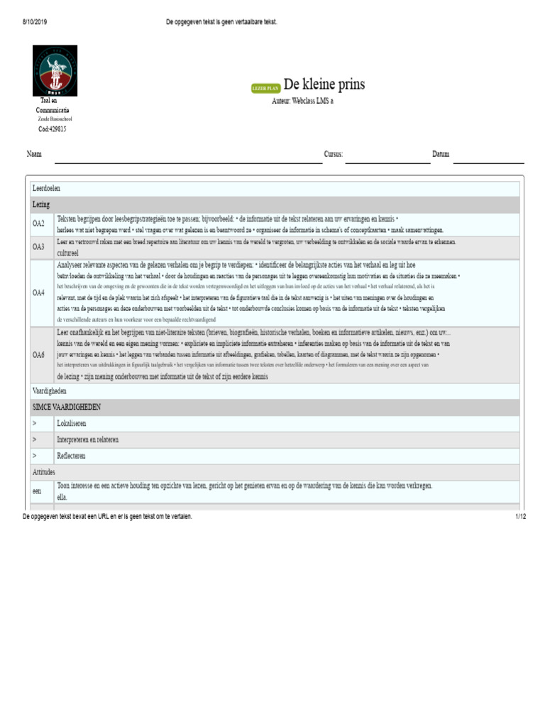 EVALUATIE. de Kleine Prins | PDF