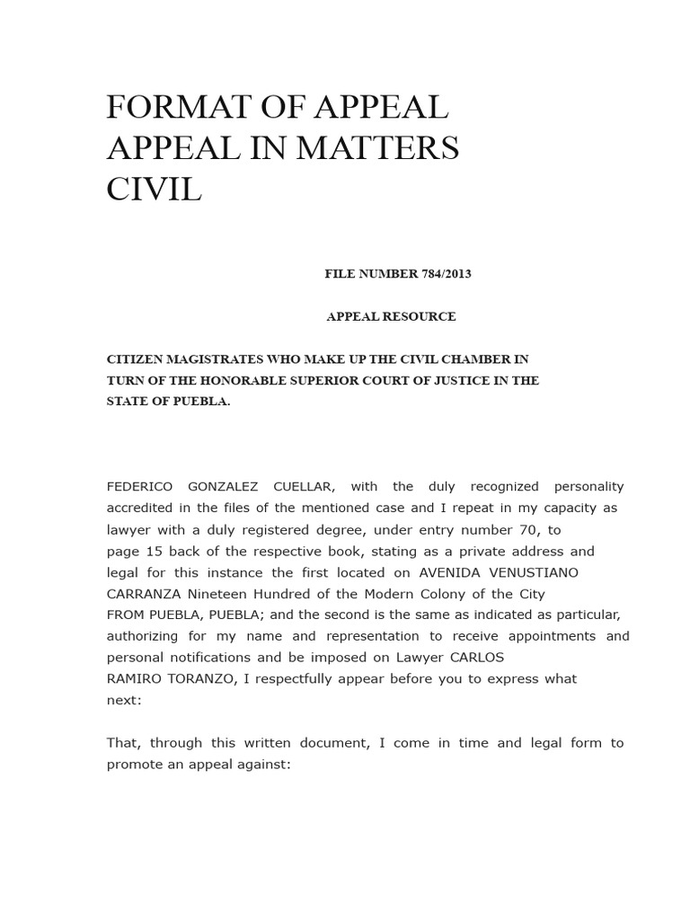 Format For Appeal Resource in Civil Matters | PDF | Lawsuit | Lawyer