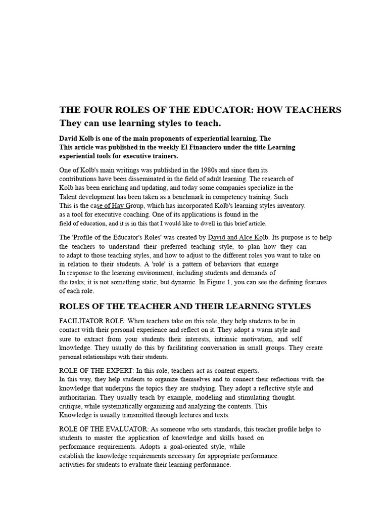 The Four Roles of The Educator | PDF | Learning Styles | Knowledge