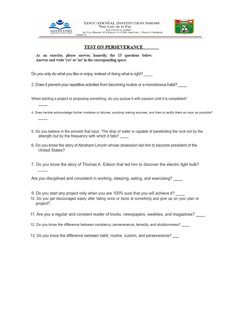 QUESTIONNAIRE ON PERSEVERANCE FOR 1st GRADE IN TUTORING | PDF