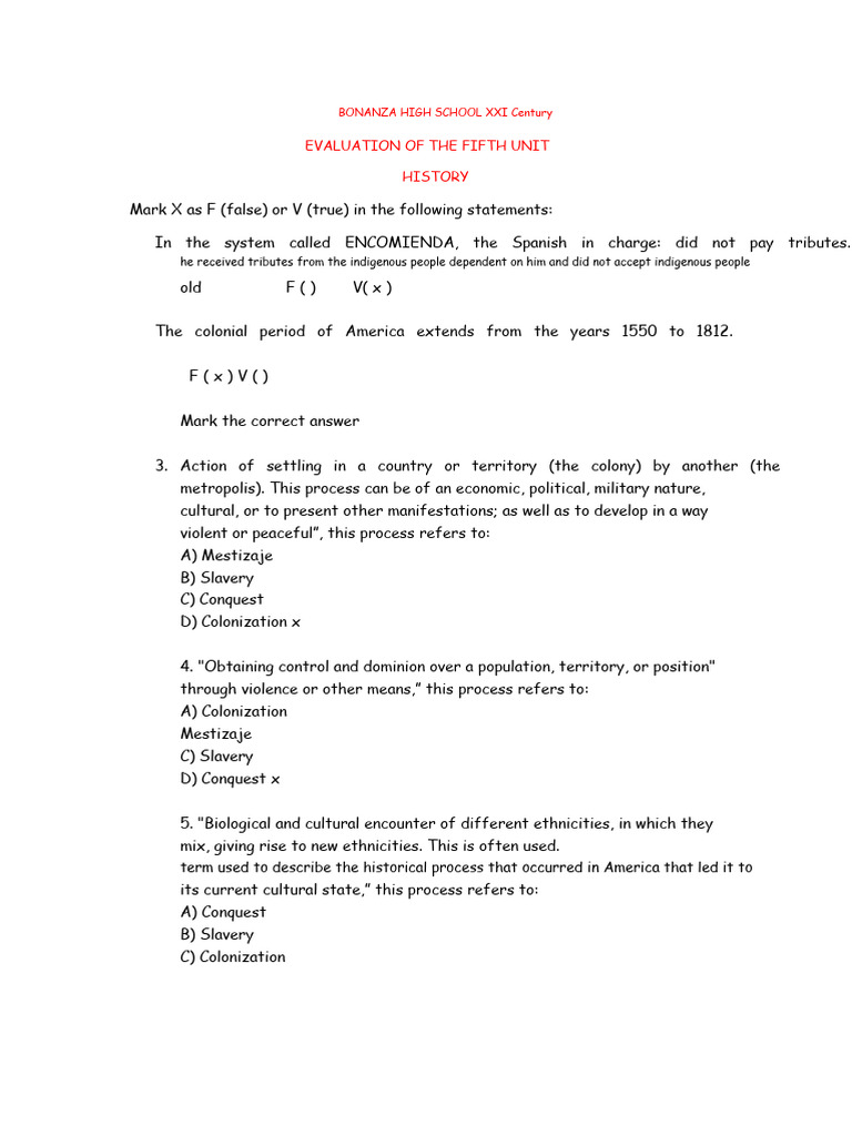 Fourth Grade History Evaluation | PDF | European Colonization Of The ...