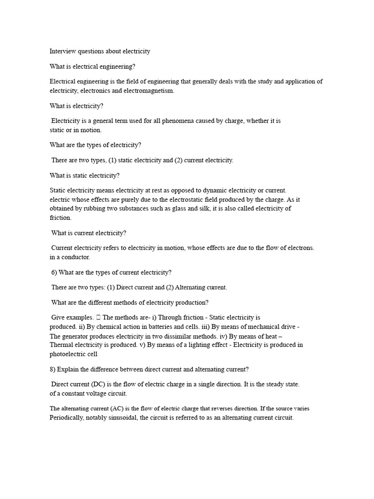 Essential Interview Questions on Electricity | PDF | Electric Motor ...