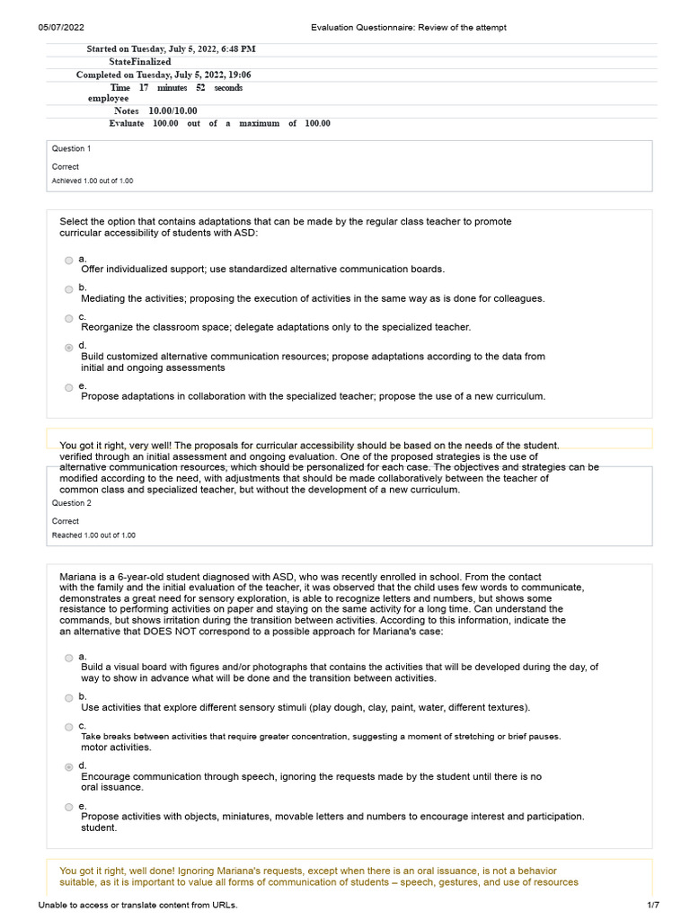 Module 7 Autism Spectrum Disorder ASD - Evaluation Questionnaire | PDF ...