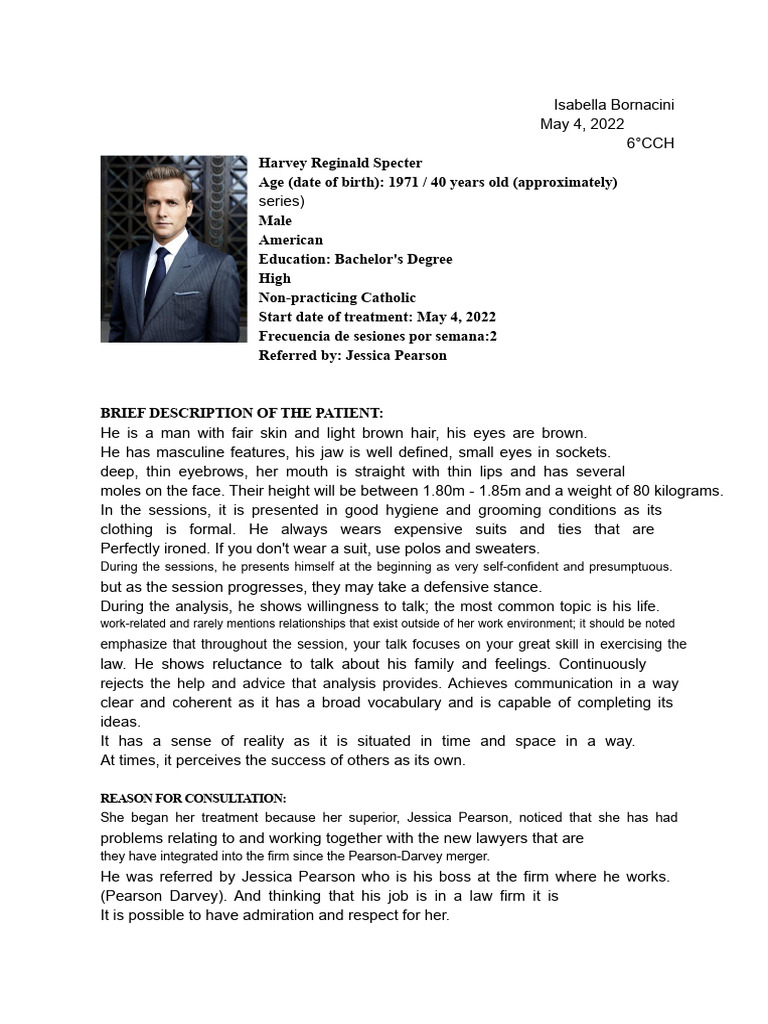 Harvey Specter: Patient Profile Summary | PDF | Empathy | Psychology