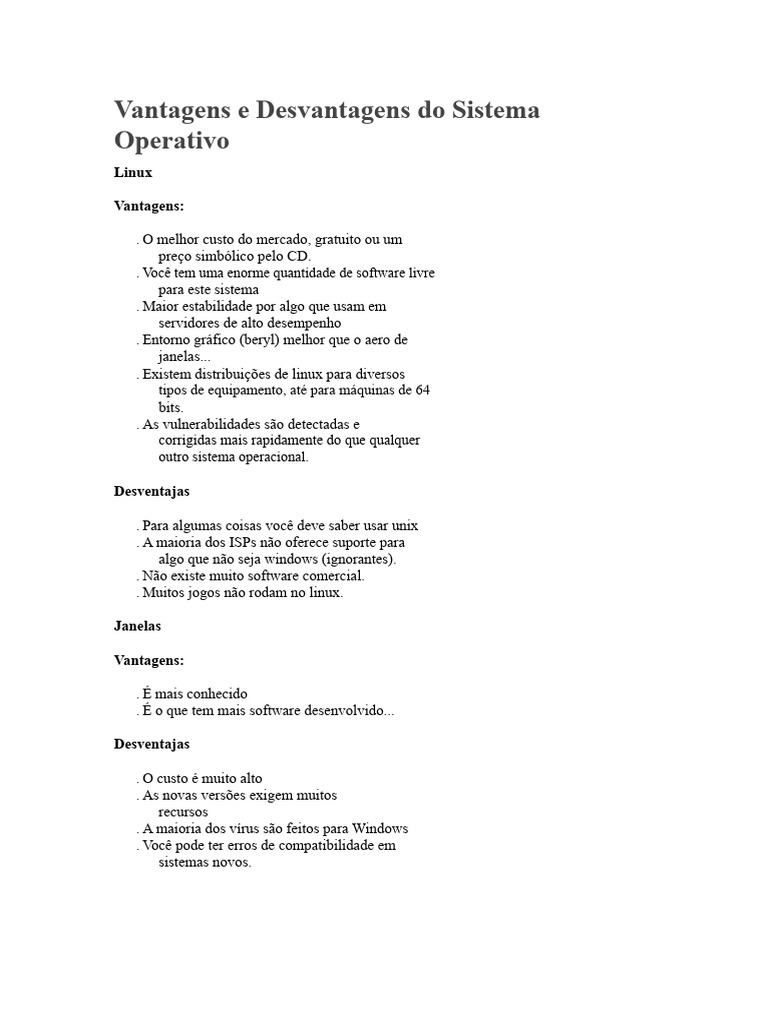 Vantagens e Desvantagens Do Sistema Operacional | PDF