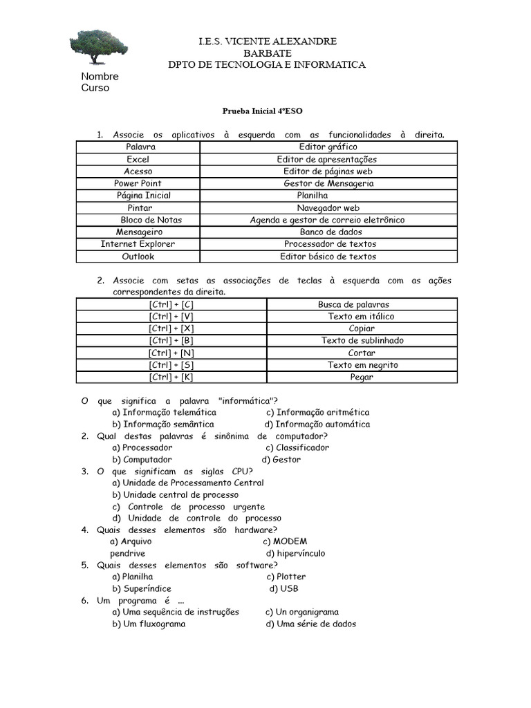 Teste Inicial de Informática | PDF | Armazenamento de dados de ...
