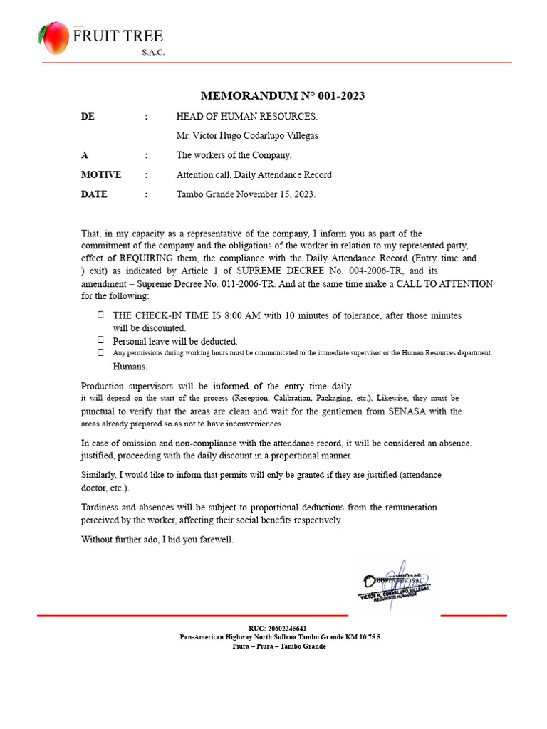 Daily Attendance Compliance Memo | PDF