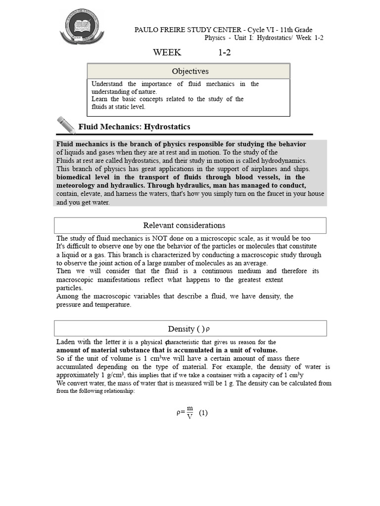 Physics - Cycle VI Grade 11 - Week 1-2 | PDF | Pressure | Density
