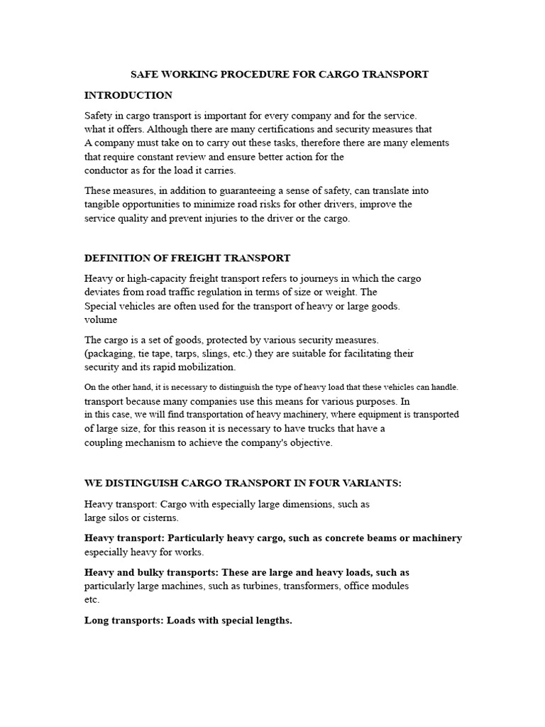 Safe Work Procedure For Cargo Transport | PDF | Transport | Cargo