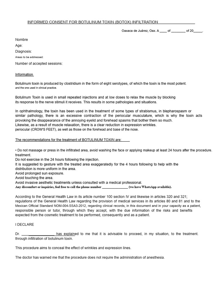 Botox Informed Consent Form | PDF | Botulinum Toxin | Clinical Medicine