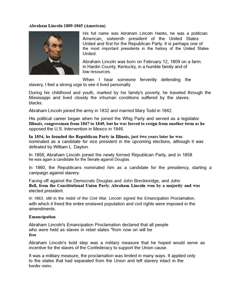 Abraham Lincoln Biography | PDF | Abraham Lincoln | Emancipation ...