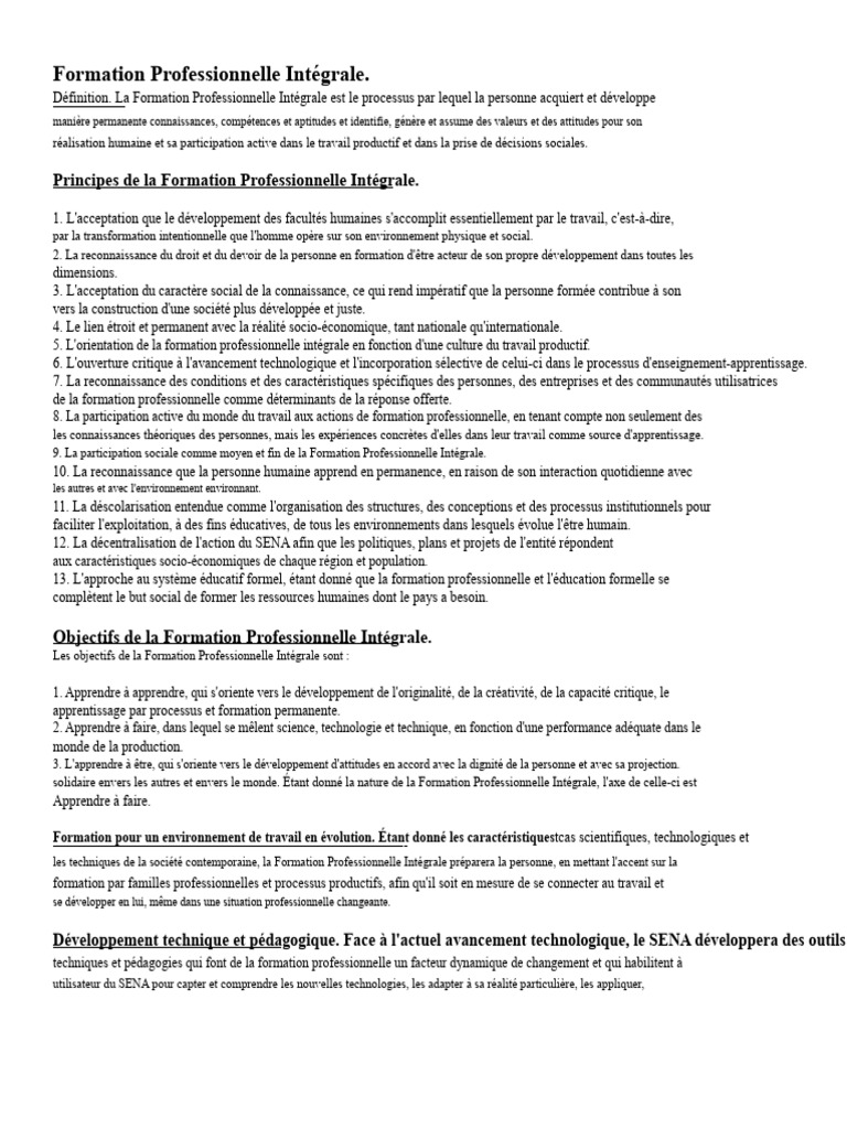 Formation Professionnelle Intégrale : Principes et Objectifs | PDF ...
