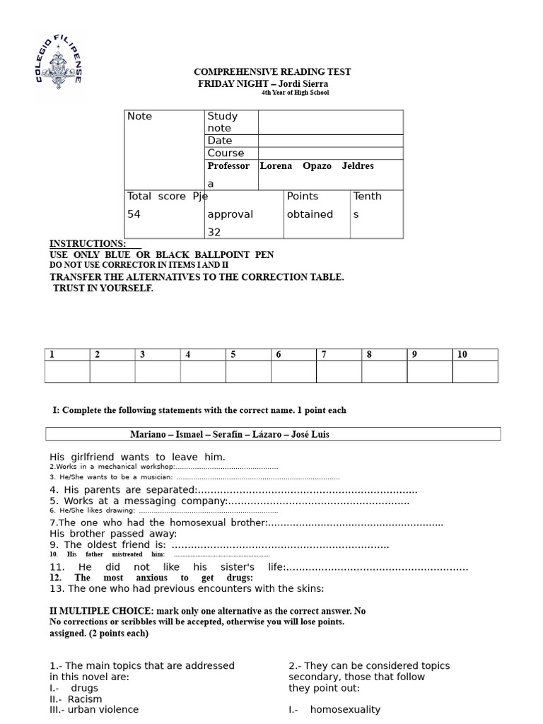Comprehensive Reading Test: Friday Night | PDF