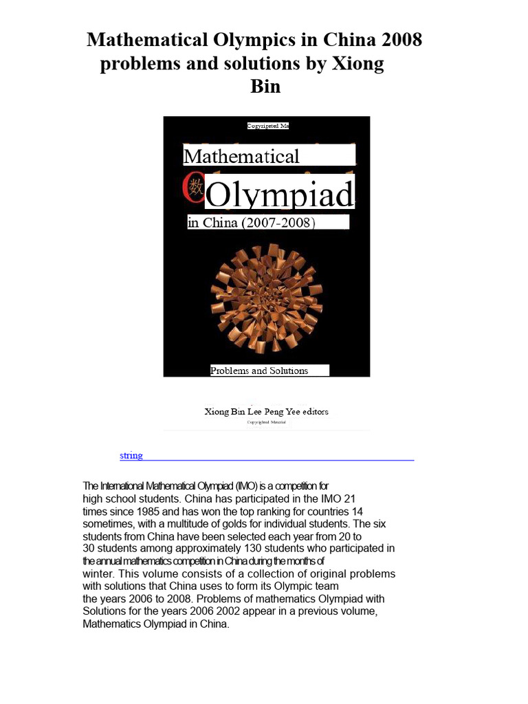 Mathematics Olympiad in China 2008 Problems and Solutions by Xiong Bin ...