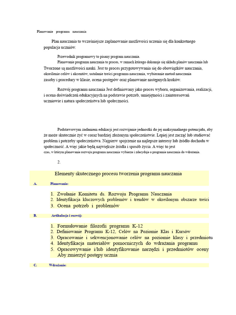 Planowanie Programu Nauczania | PDF