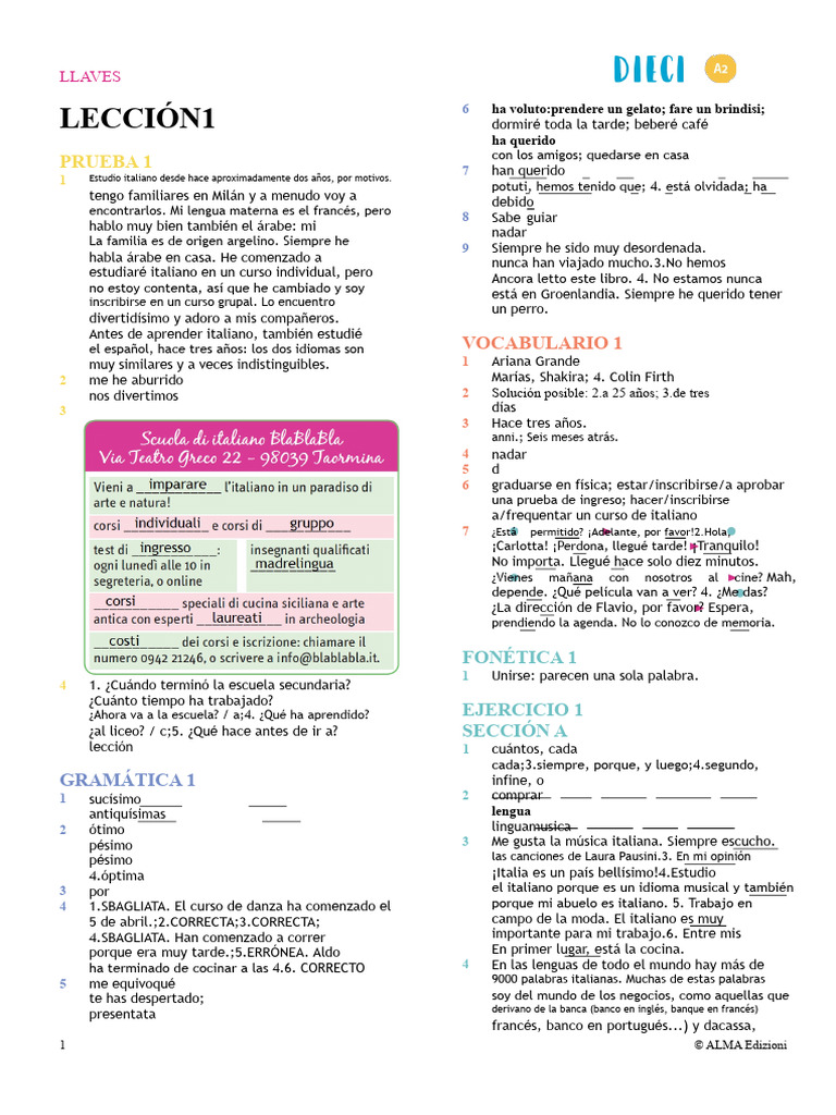 Diez A2 Claves - A2 | PDF | Italia | Escuelas
