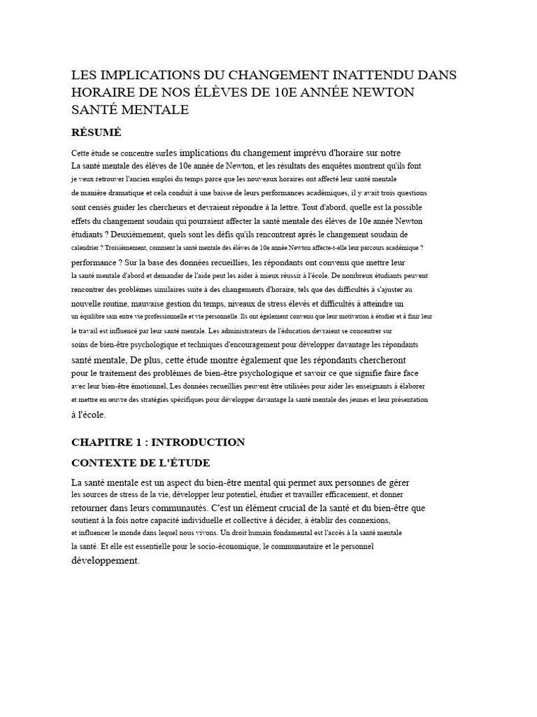 Impact des Changements d'Horaire sur la Santé Mentale des Élèves de 10e ...