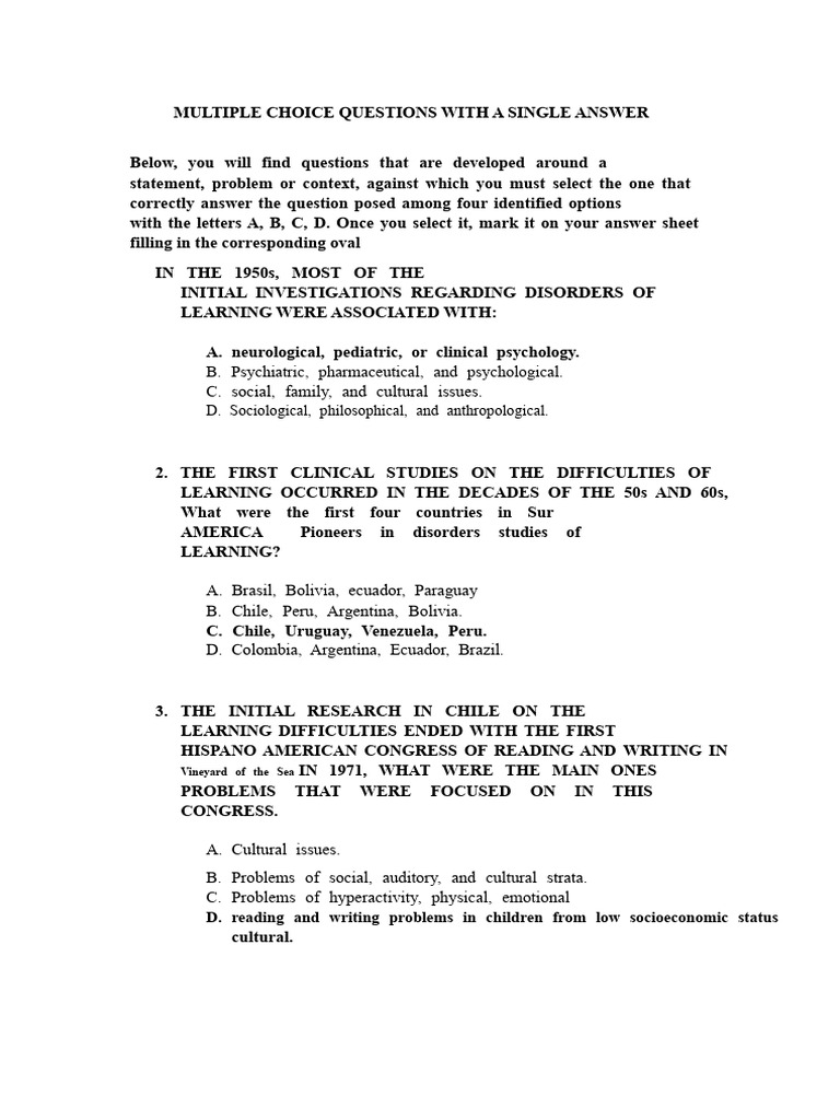 Multiple Choice Questions With A Single Answer | PDF | Dyslexia | Behavioural Sciences