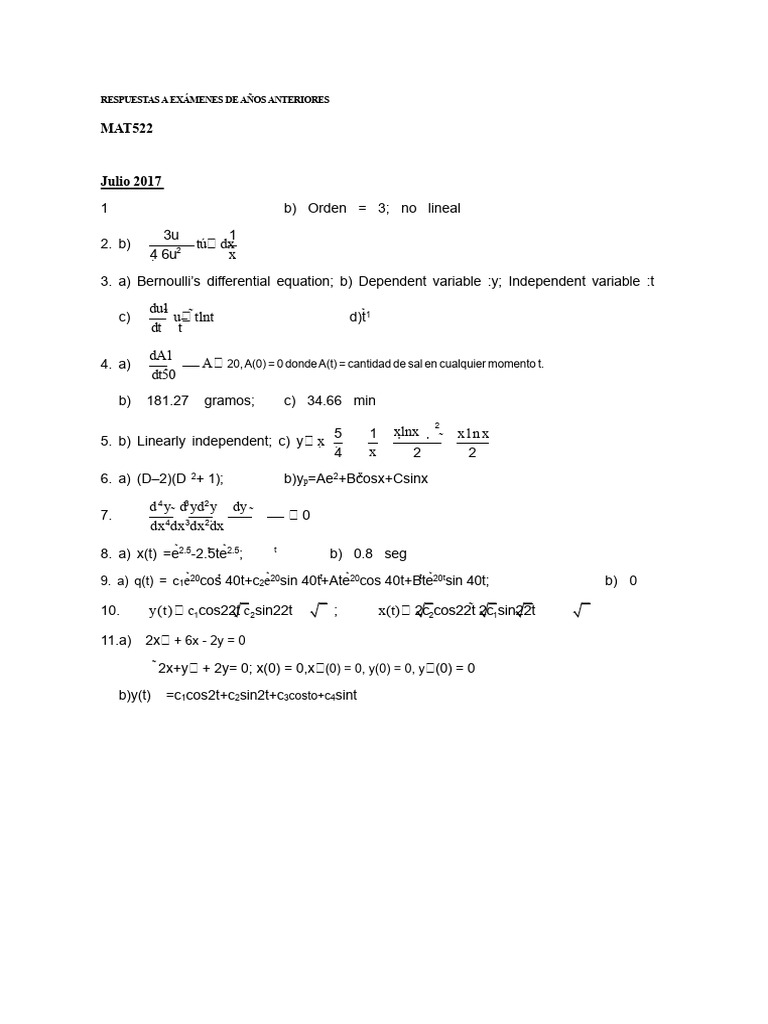Respuestas A Los Exámenes de Años Anteriores de EDO | PDF | Objetos matemáticos | Análisis ...