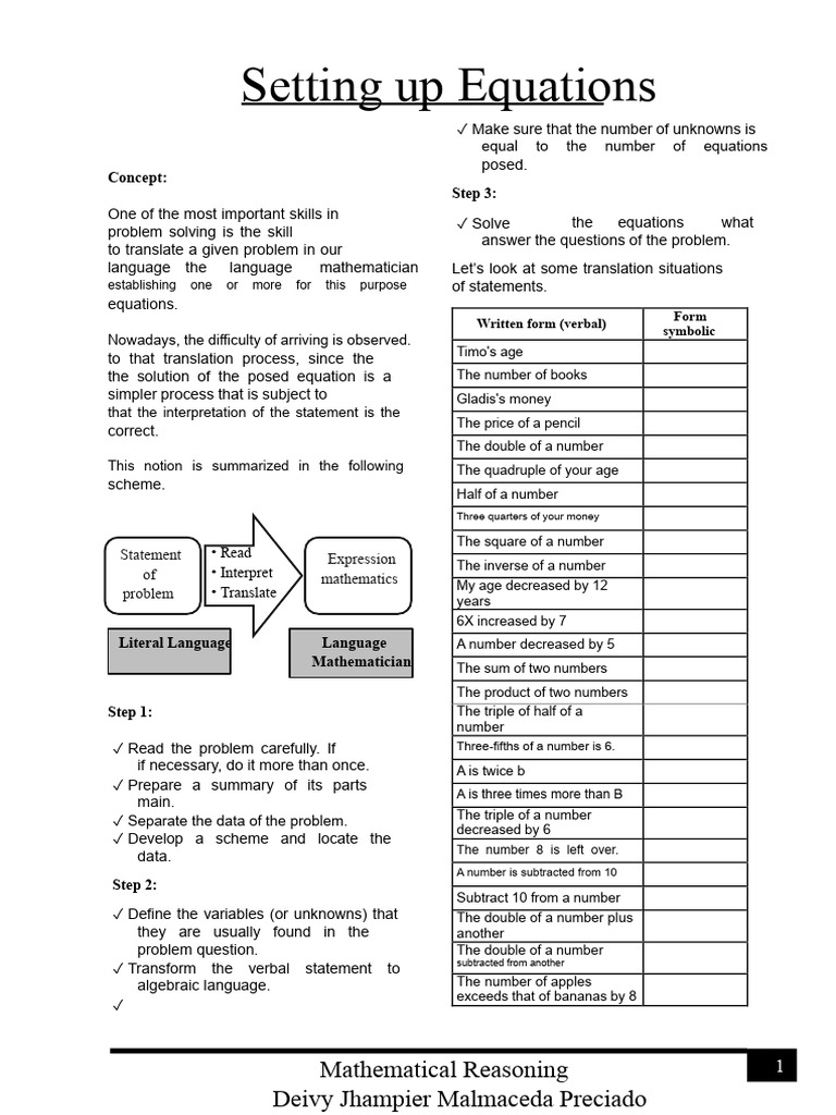 Setting Up Mathematical Equations | PDF | Equations | Multiplication