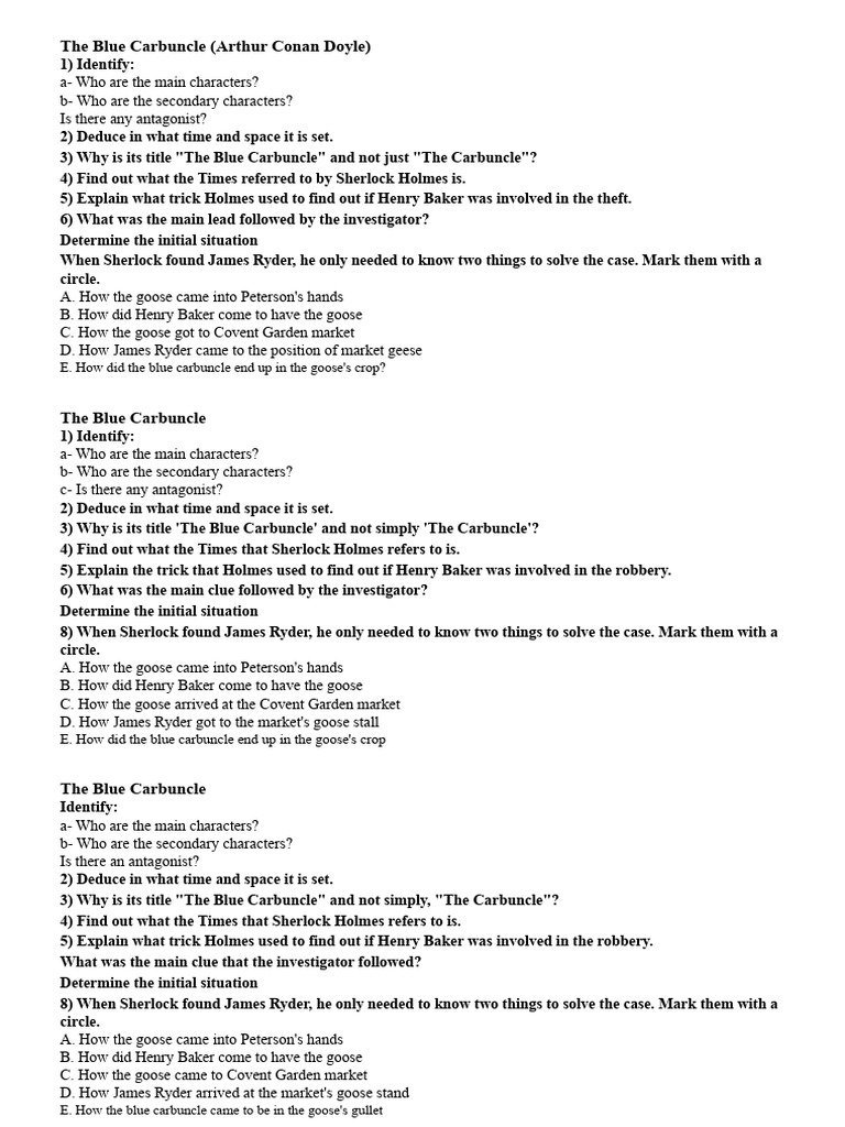 Analysis of "The Blue Carbuncle" | PDF | Sherlock Holmes | Detective ...
