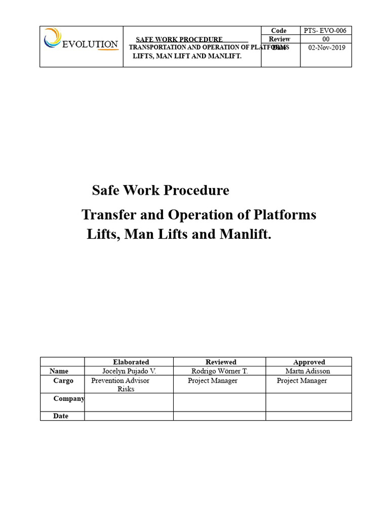 Safe Work Procedure Transfer and Operation of Platforms Lifts, Man ...