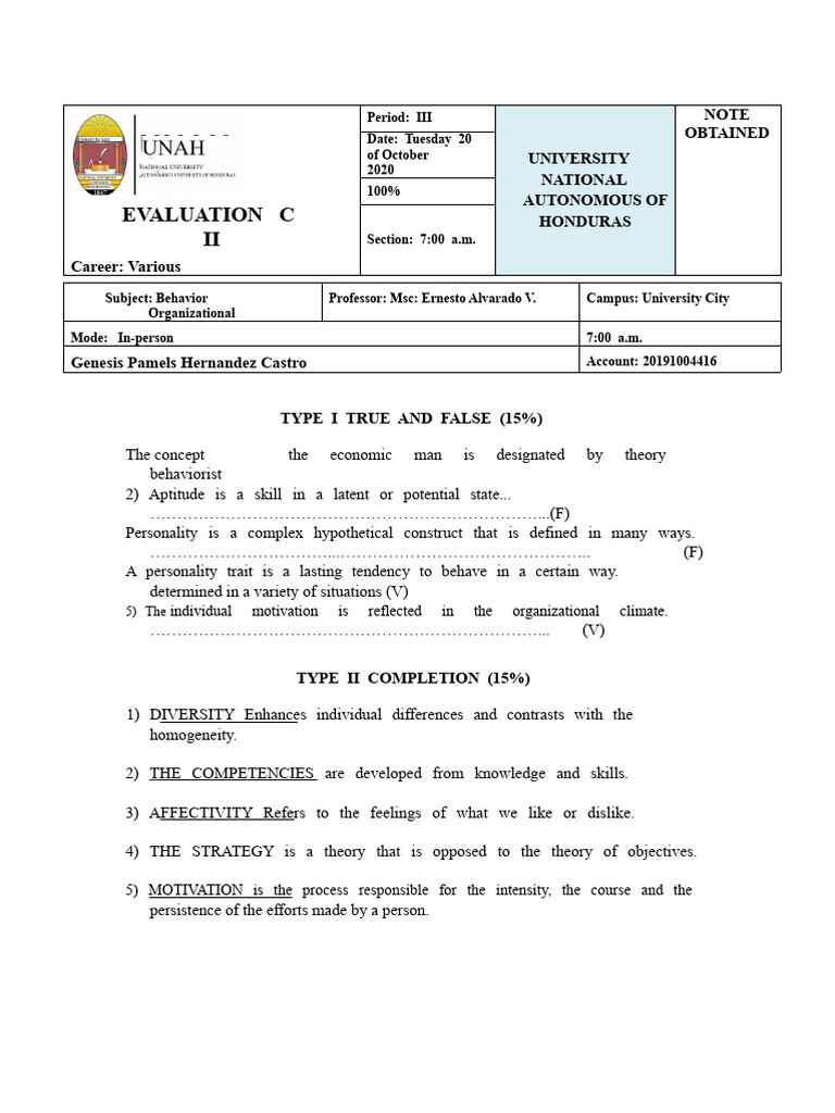 GPHC EXAM II EVALUATION C O C 7 00 Pair | PDF | Motivational | Motivation