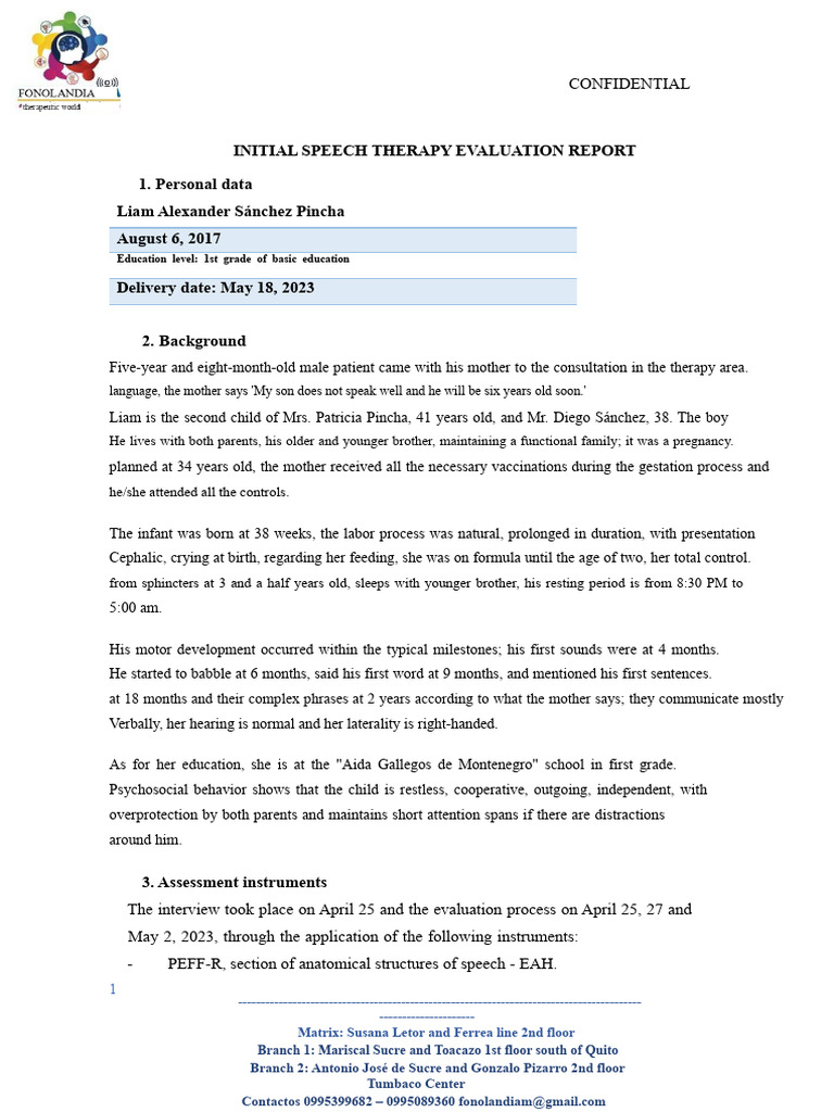 INITIAL SPEECH THERAPY EVALUATION REPORT Liam Sanchez | PDF | Consonant | Speech