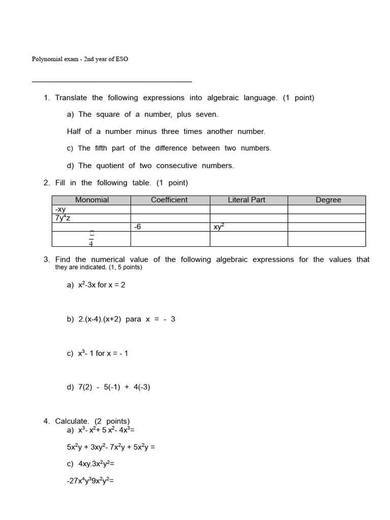 EXAMPLE POLYNOMIALS EXAM 2nd ESO | PDF